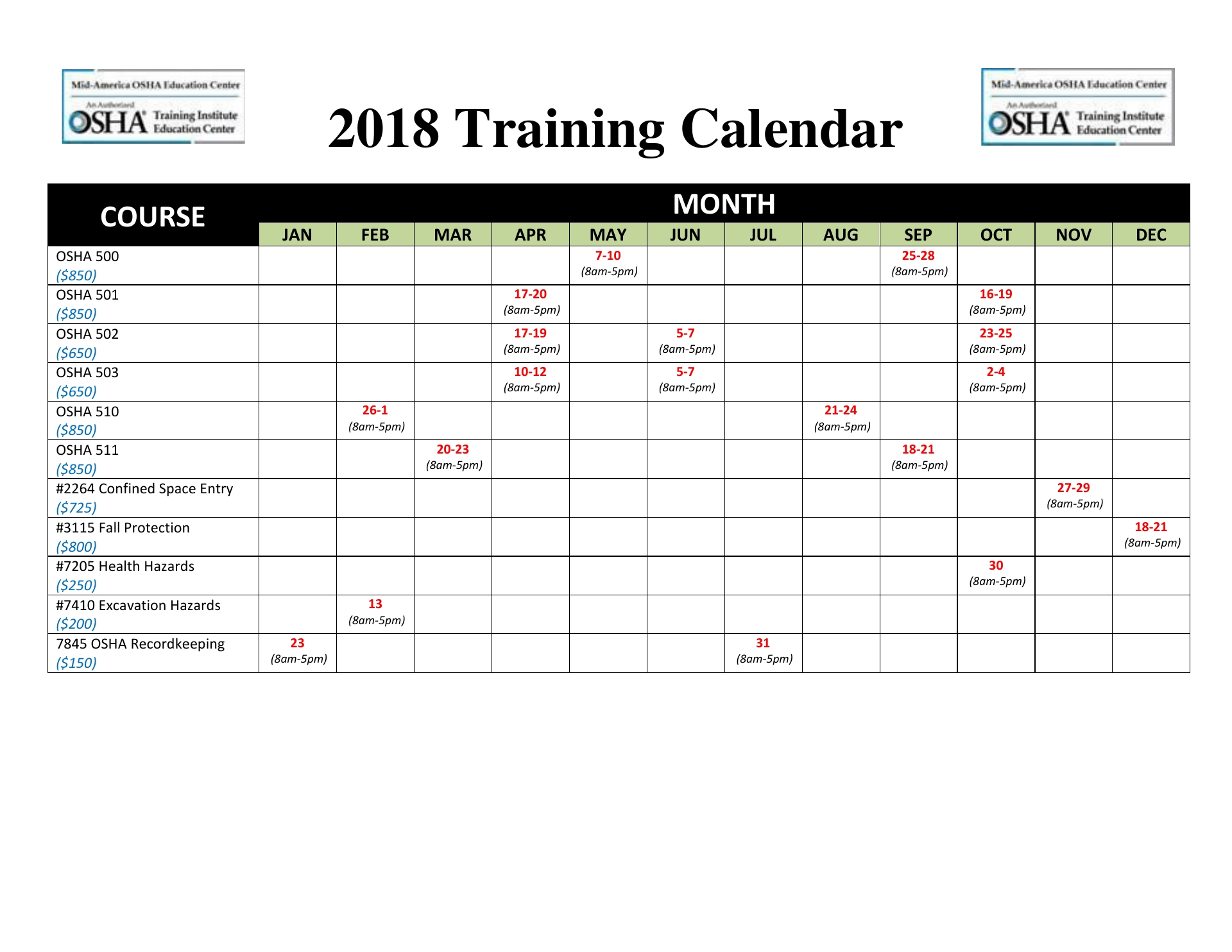 2018 Open Registration Training Calendar | Safety Consulting | RMS Safety