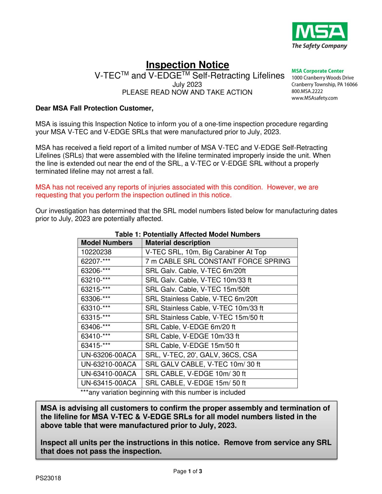 MSA Inspection Notice - Self Retracting Lifelines | Safety Consulting ...