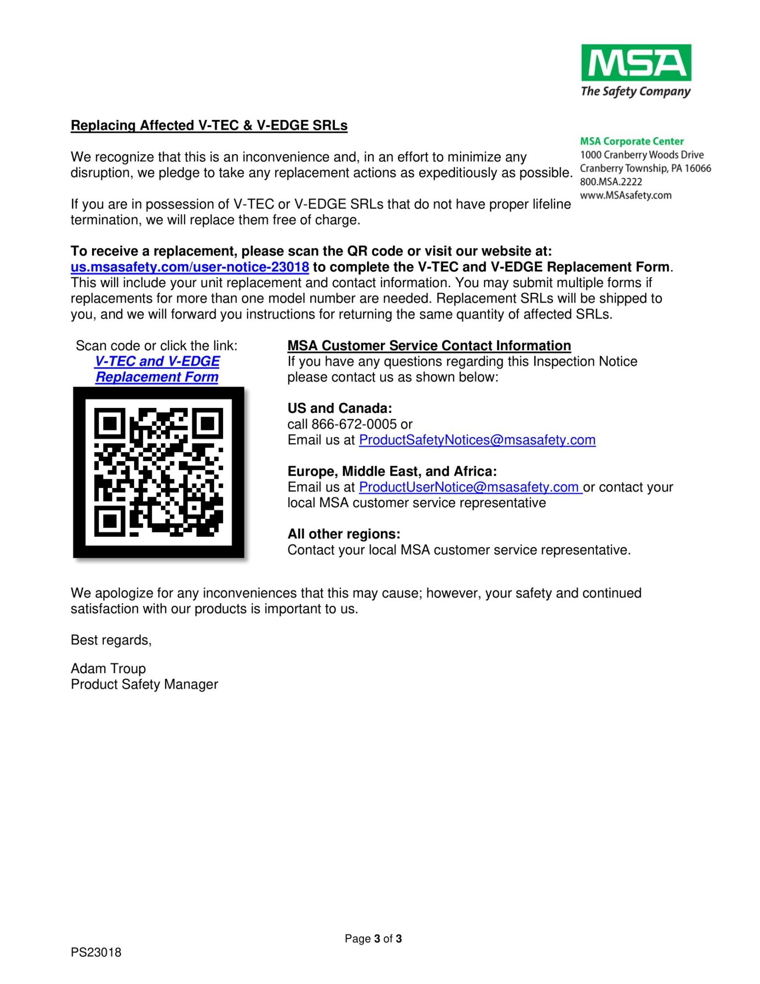 MSA Inspection Notice - Self Retracting Lifelines | Safety Consulting | RMS Safety